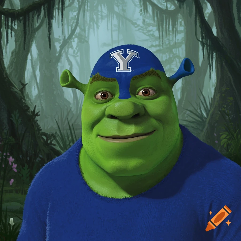 Shrek smiles, wearing a blue shirt and a blue headband with a BYU logo ...