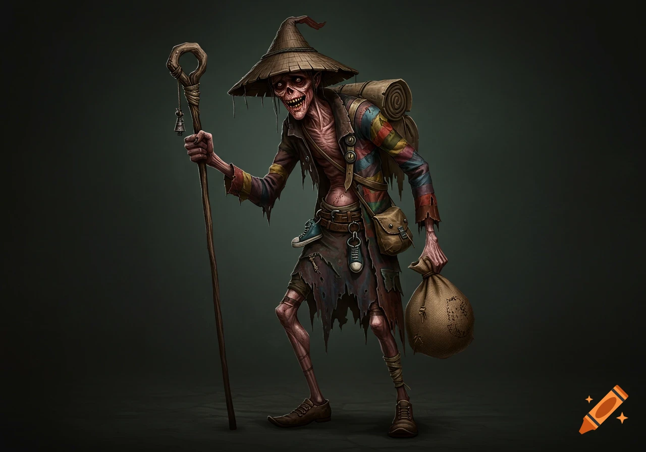 A gaunt, tattered boogeyman with a conical hat, walking stick, and ...