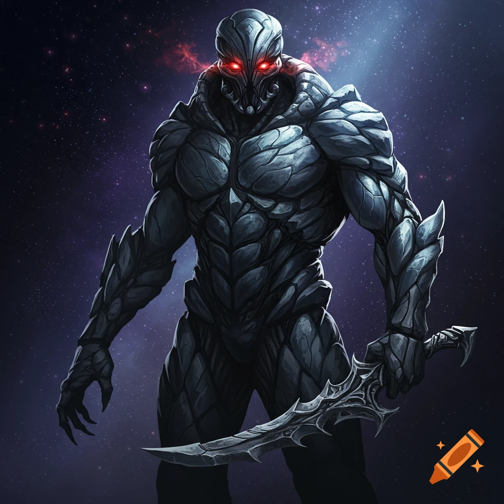 A powerful, muscular alien in rocky, bluish-grey bio-armor with glowing ...
