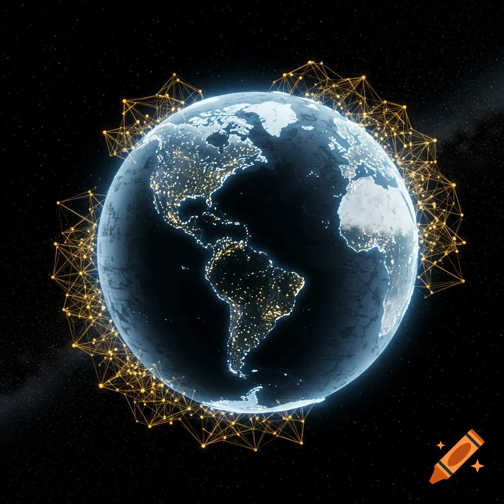 A view of the Earth from space at night, showing city lights across ...