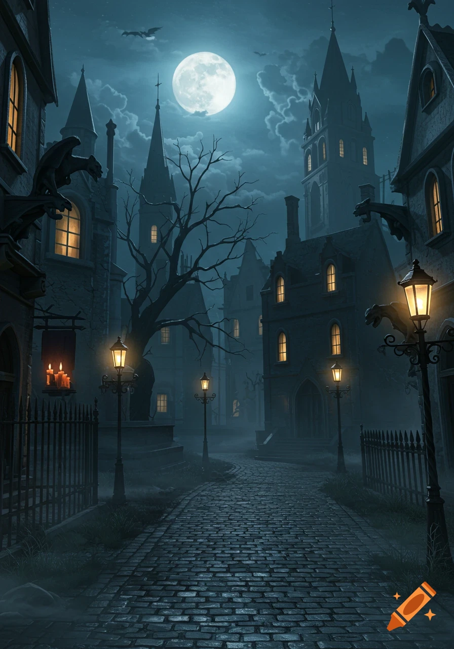 A spooky gothic town street at night under a full moon, with old ...