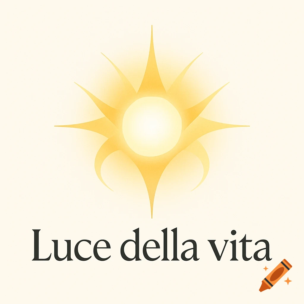 A glowing, spiky golden sun logo above the text "Luce della vita" on a light background. on Craiyon