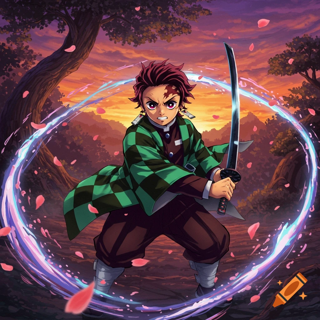 Anime character Tanjiro Kamado in a dynamic battle stance with a sword ...