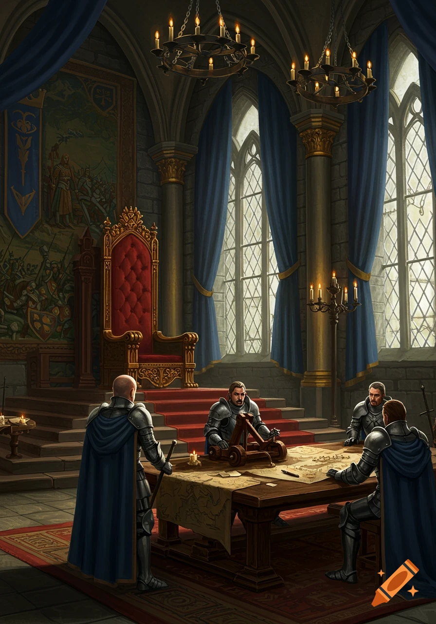 Four knights in a grand castle throne room discuss strategy around a ...