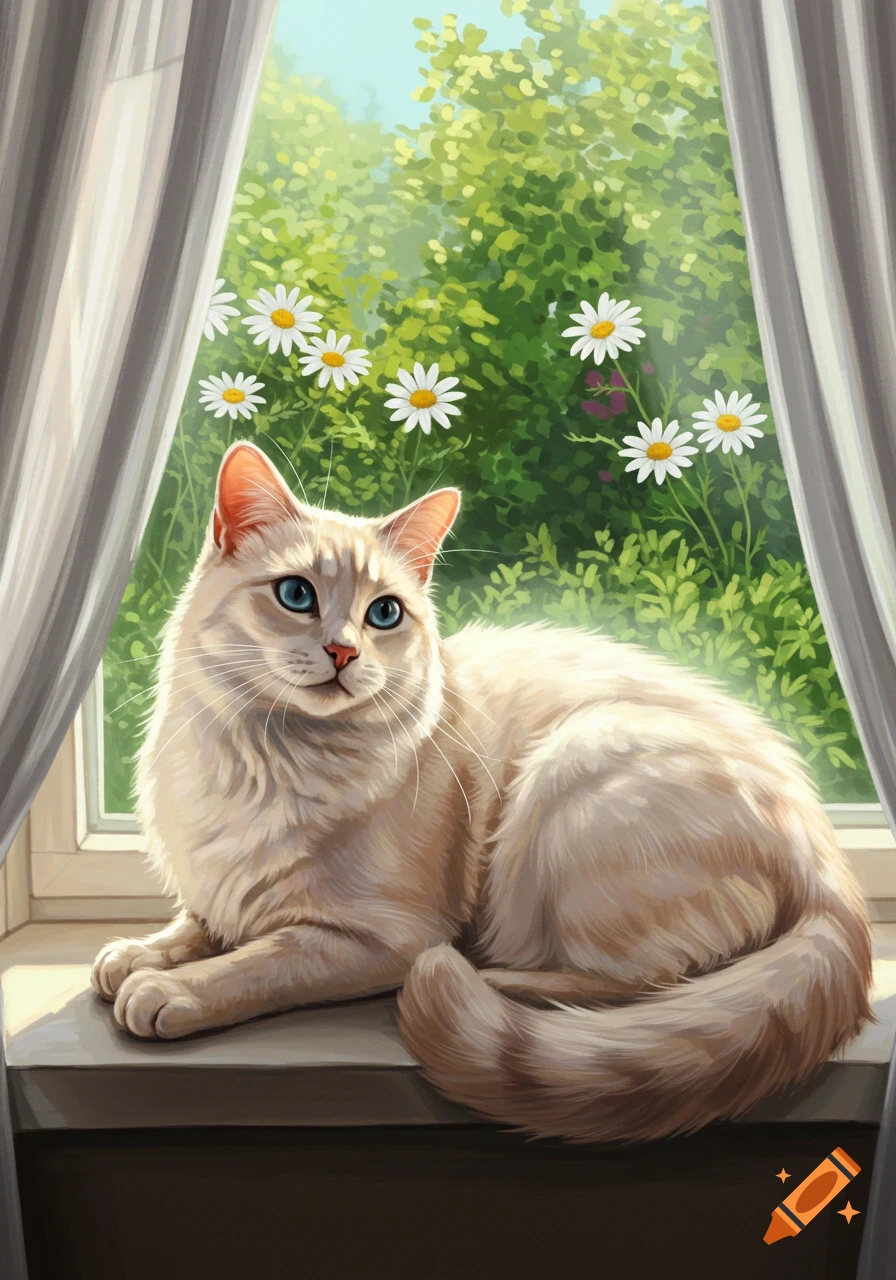 A ginger cat with green eyes sits by a sunny window with lace curtains ...