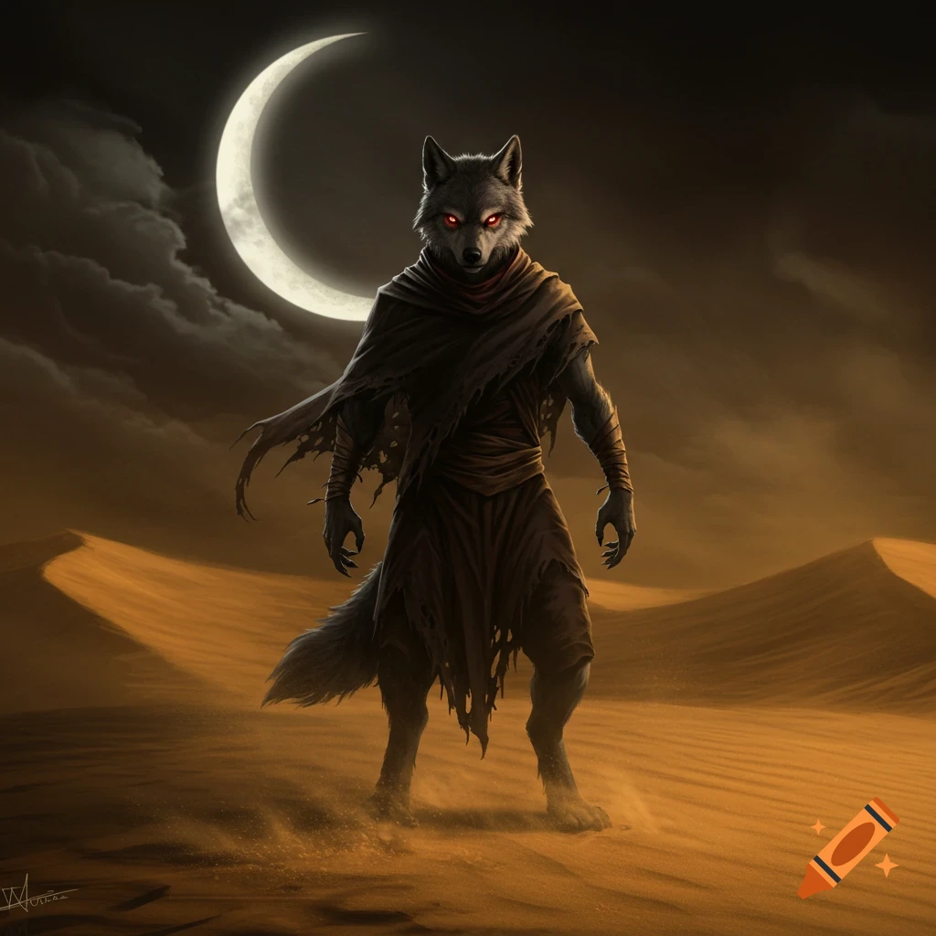 A menacing wolf creature with red eyes and tattered clothes stands in a ...