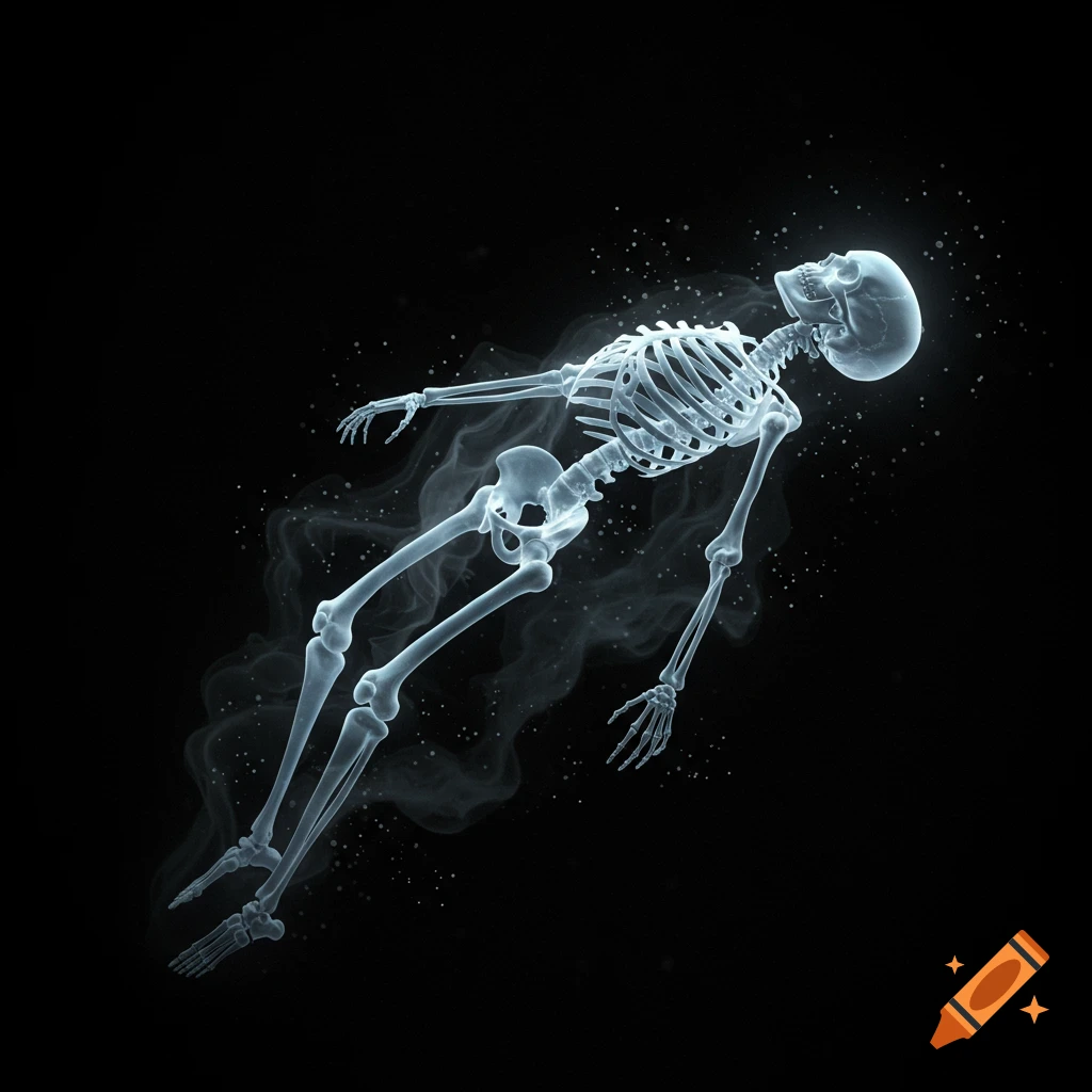 A translucent skeleton ghost floats diagonally against a dark ...