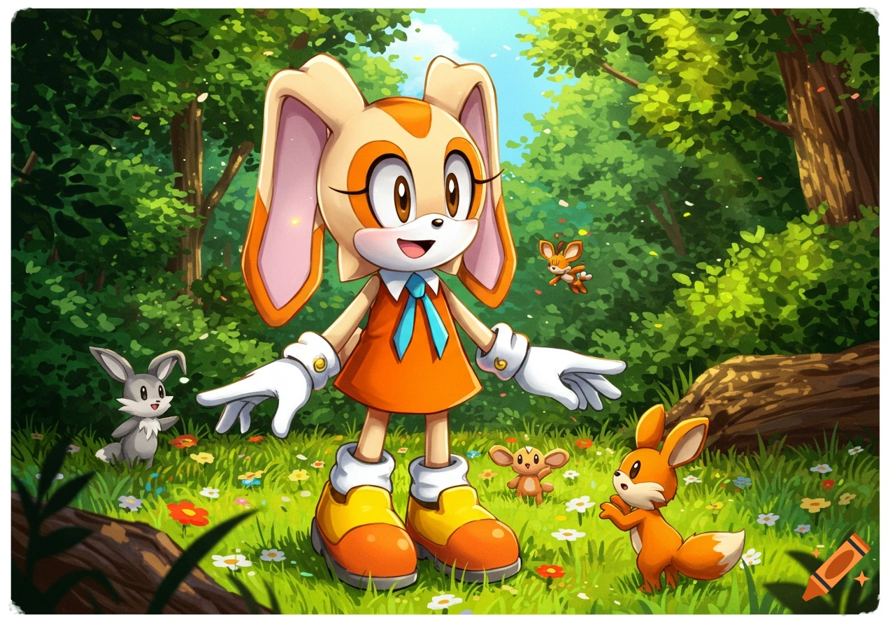 Cream the Rabbit, a cream and orange bunny, stands in a vibrant forest ...