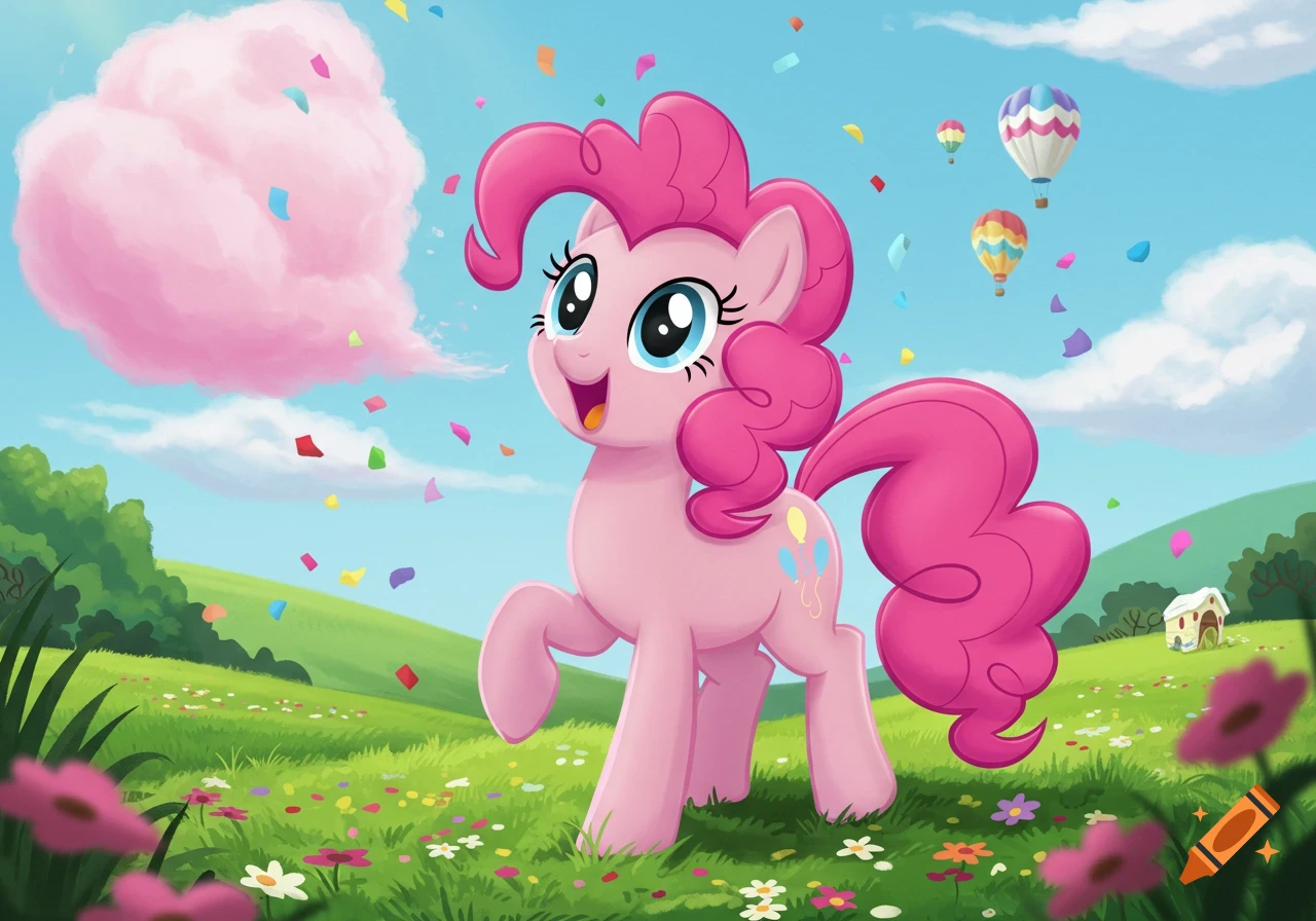 Pinkie Pie from My Little Pony stands on a grassy hill, looking up at a ...