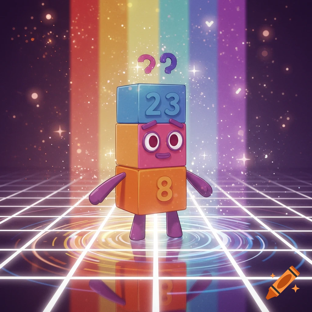 A cheerful robot character made of red and white blocks with an orange ...