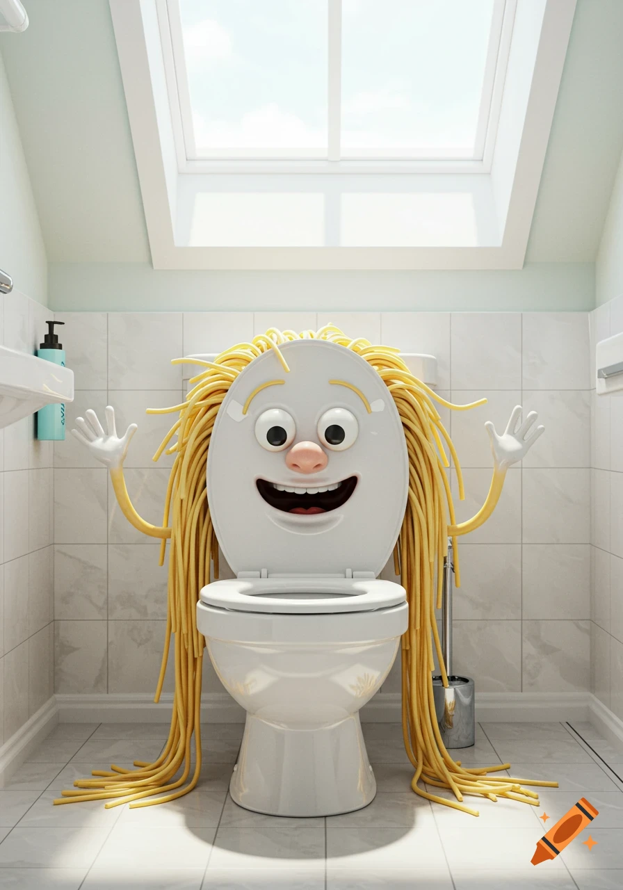 A cartoonish toilet with a smiling face, spaghetti hair, and waving ...