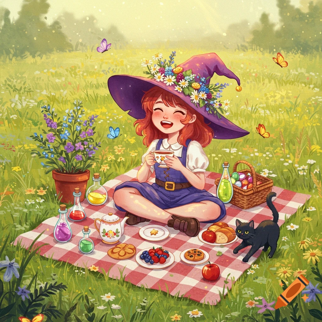 A cute, smiling witch with a flower-decorated hat has a whimsical ...