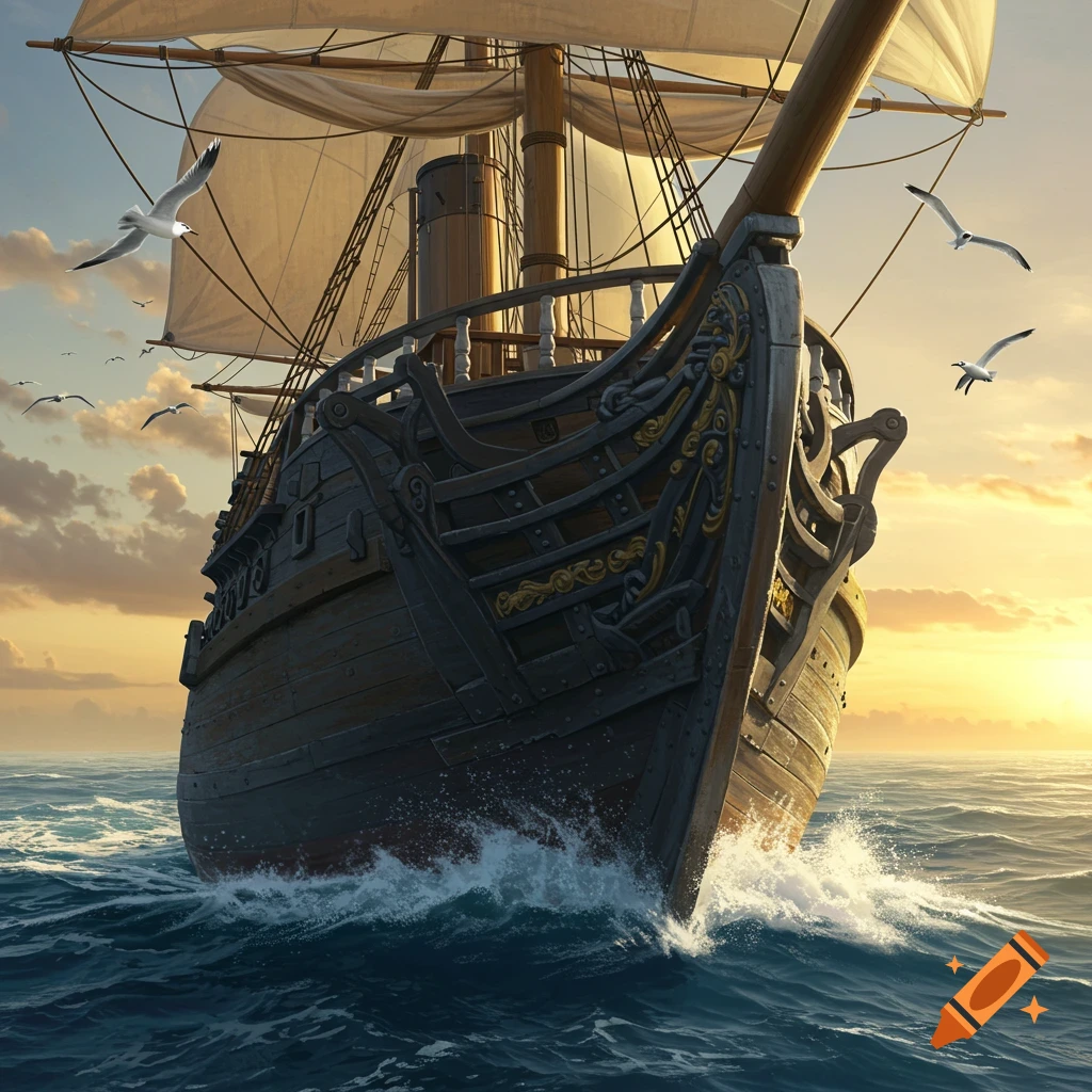 Front view of a majestic old sailing ship with unfurled sails moving ...