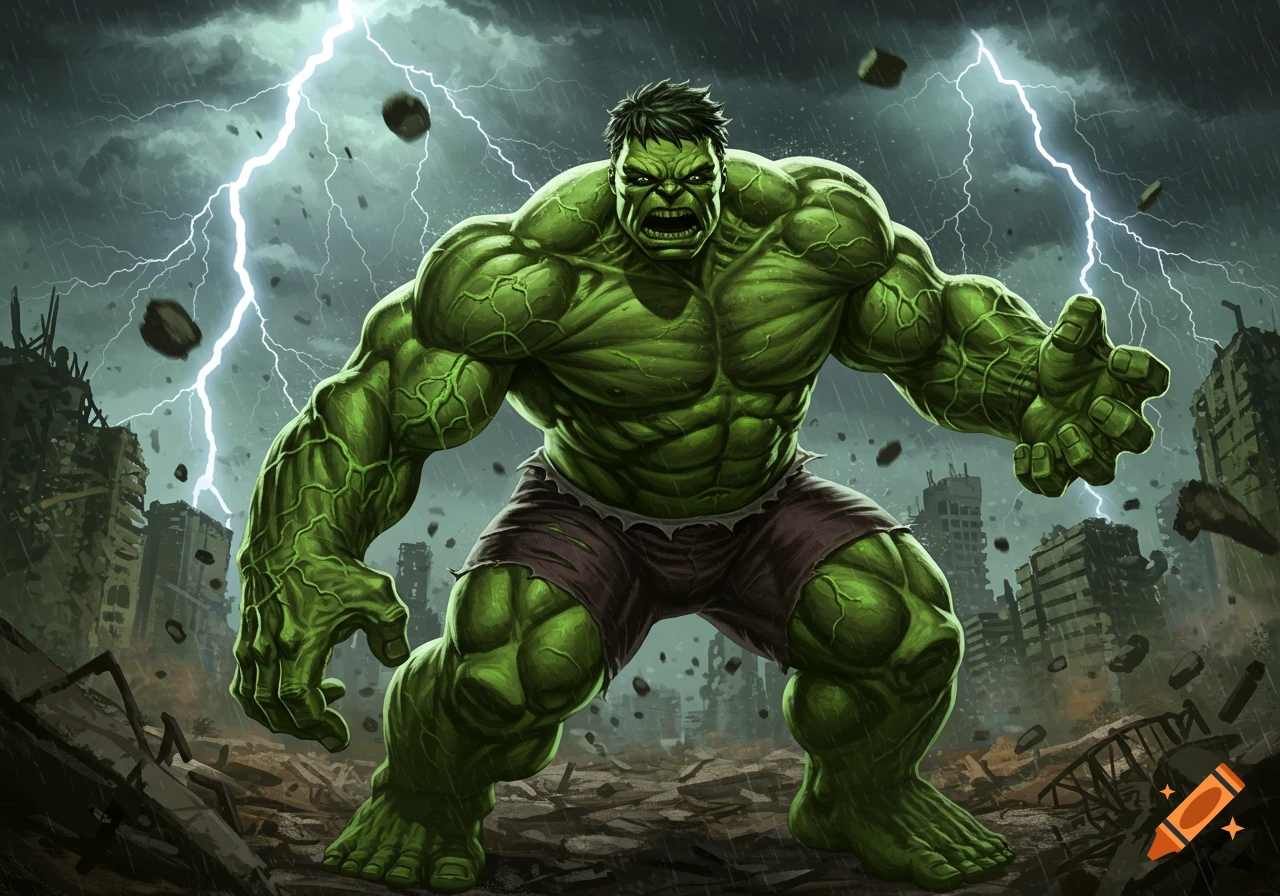 A massive, angry green Hulk-like character with prominent muscles ...