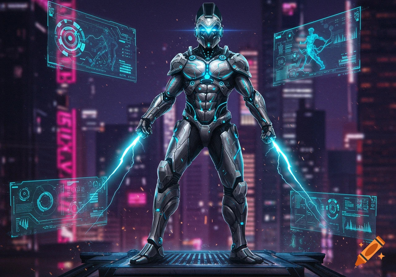 A stern man in a black futuristic suit stands amidst glowing computer ...