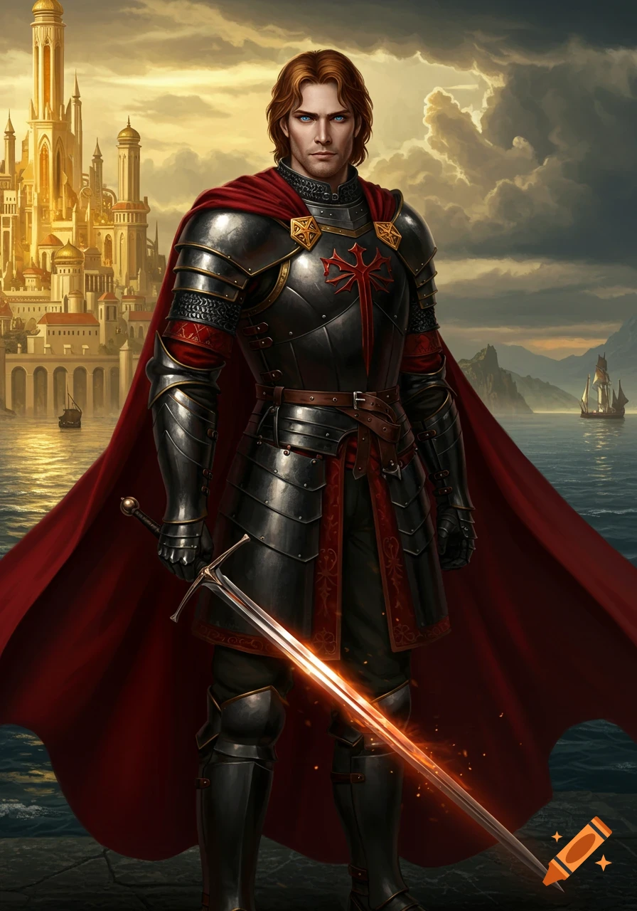 A tall knight in black and crimson armor with a red cloak and glowing ...