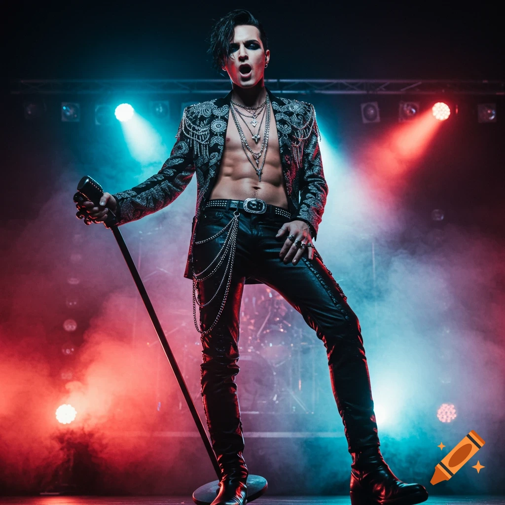 A male rock vocalist in an open, ornate jacket and leather pants sings ...