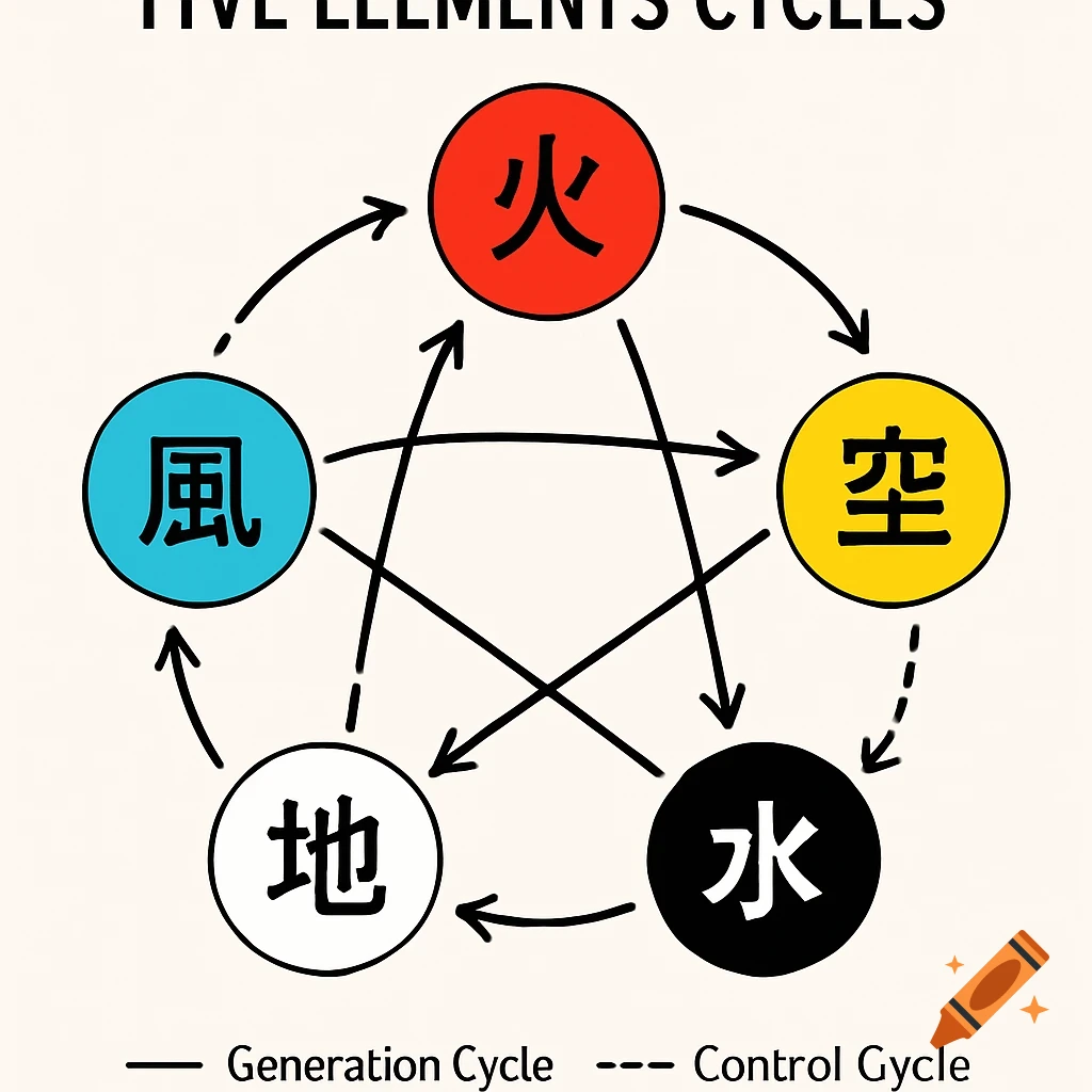 A diagram of the Five Elements (Fire, Wood, Metal, Water, Earth ...