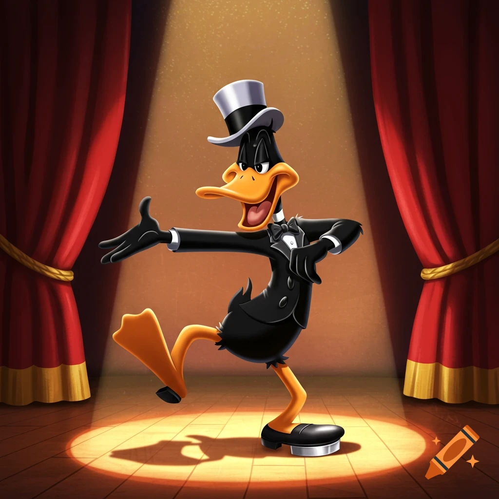 Daffy Duck in a top hat and tap shoes performs a tap dance on a ...