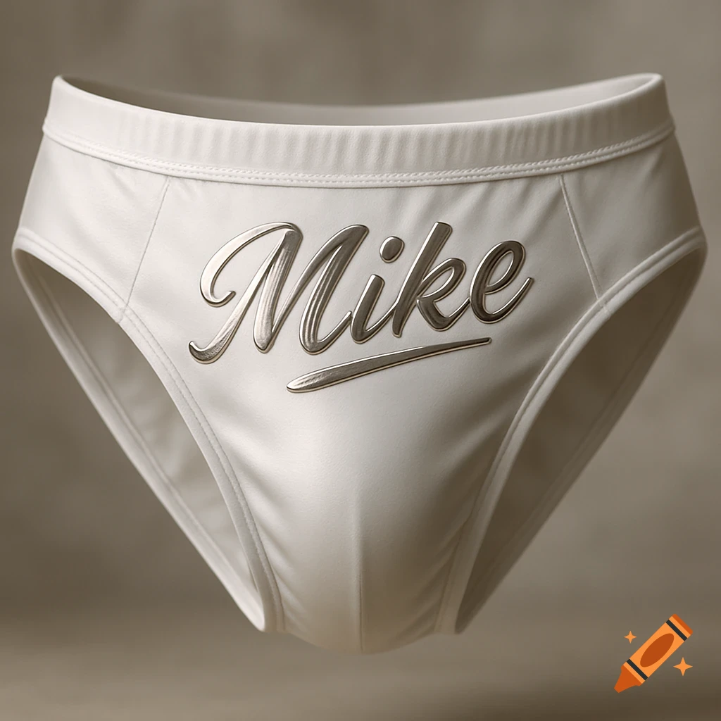 Close-up of white briefs with the name "Mike" written in silver cursive ...