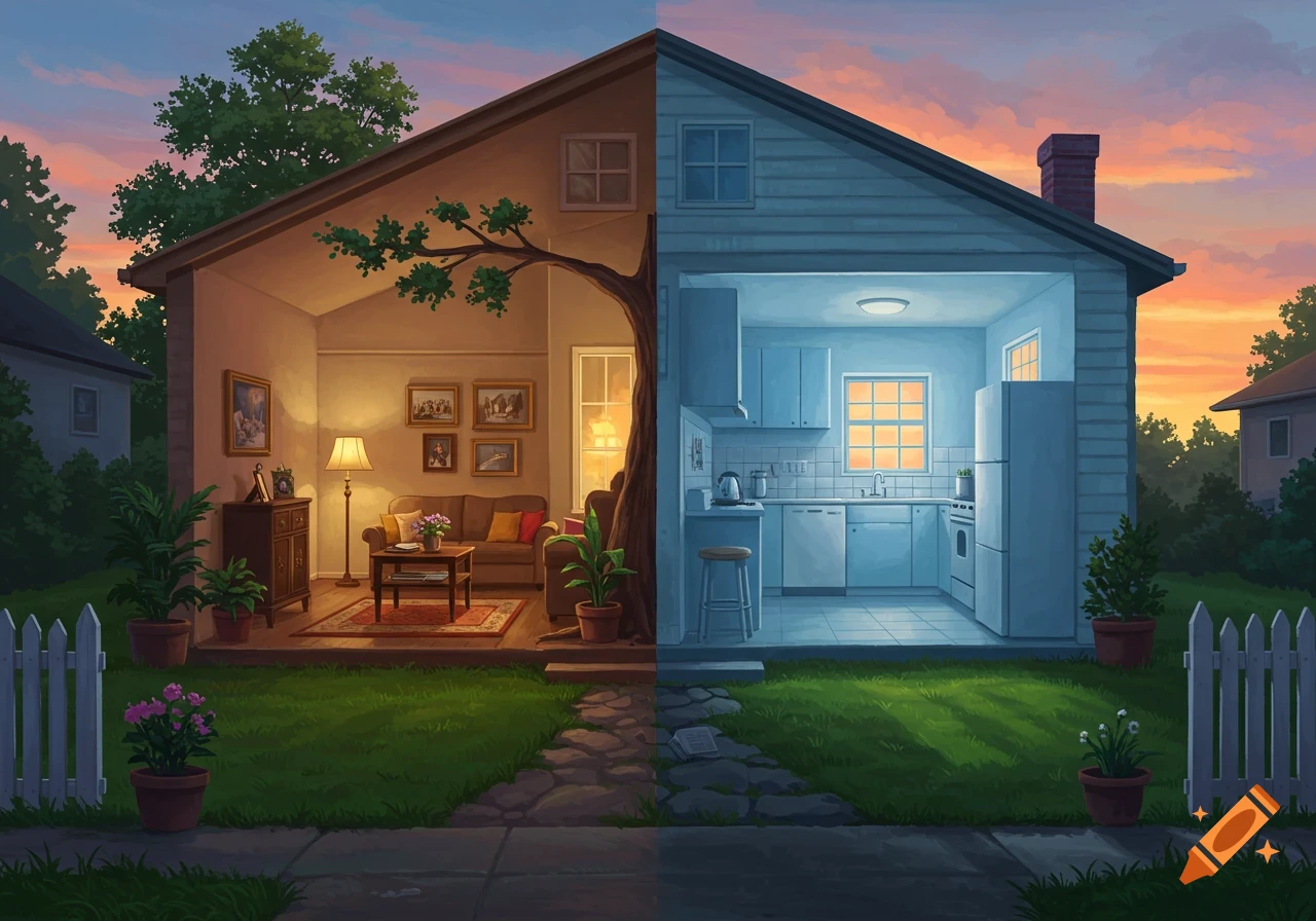 A stylized illustration of a house split in half, showing a warm living ...
