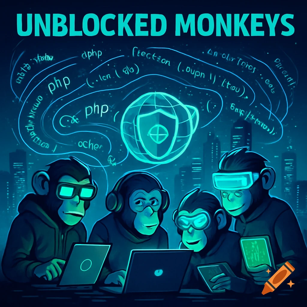 Four anthropomorphic monkeys, some wearing AR/VR goggles or headphones ...