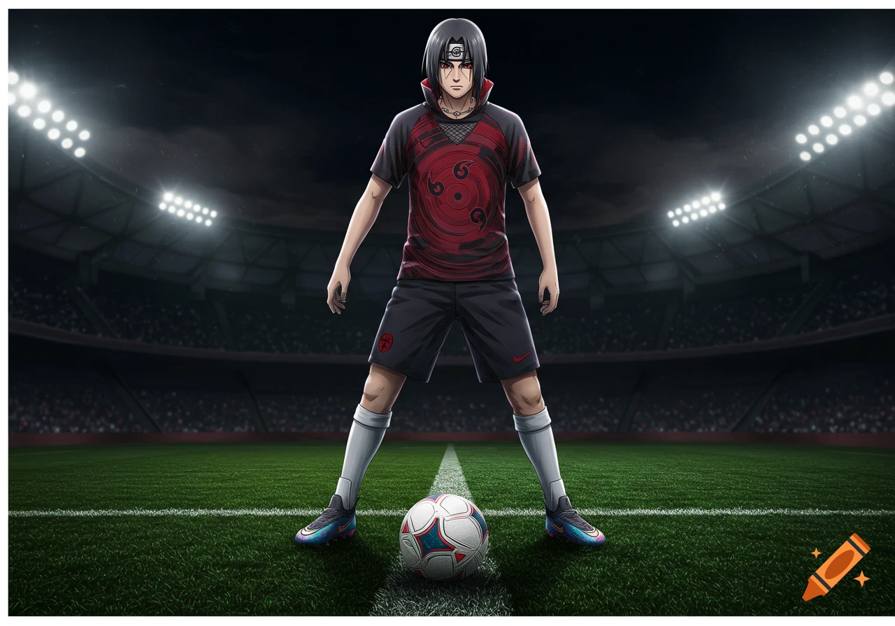 Anime character Itachi Uchiha in a red and black football kit with a ...