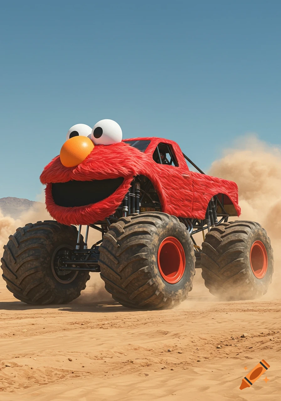 A red furry Elmo monster truck drives through a dusty desert under a clear blue sky. on Craiyon