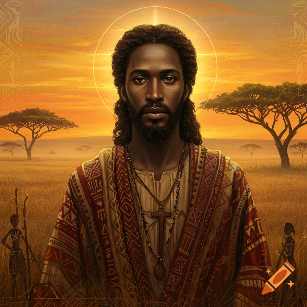 A strong Black king with a large afro and beard, adorned in green and ...