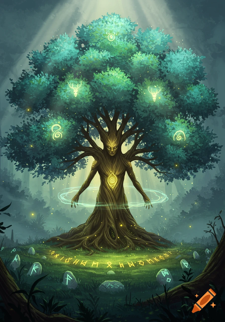 A mystical tree-person with glowing runes and symbols stands in a ...