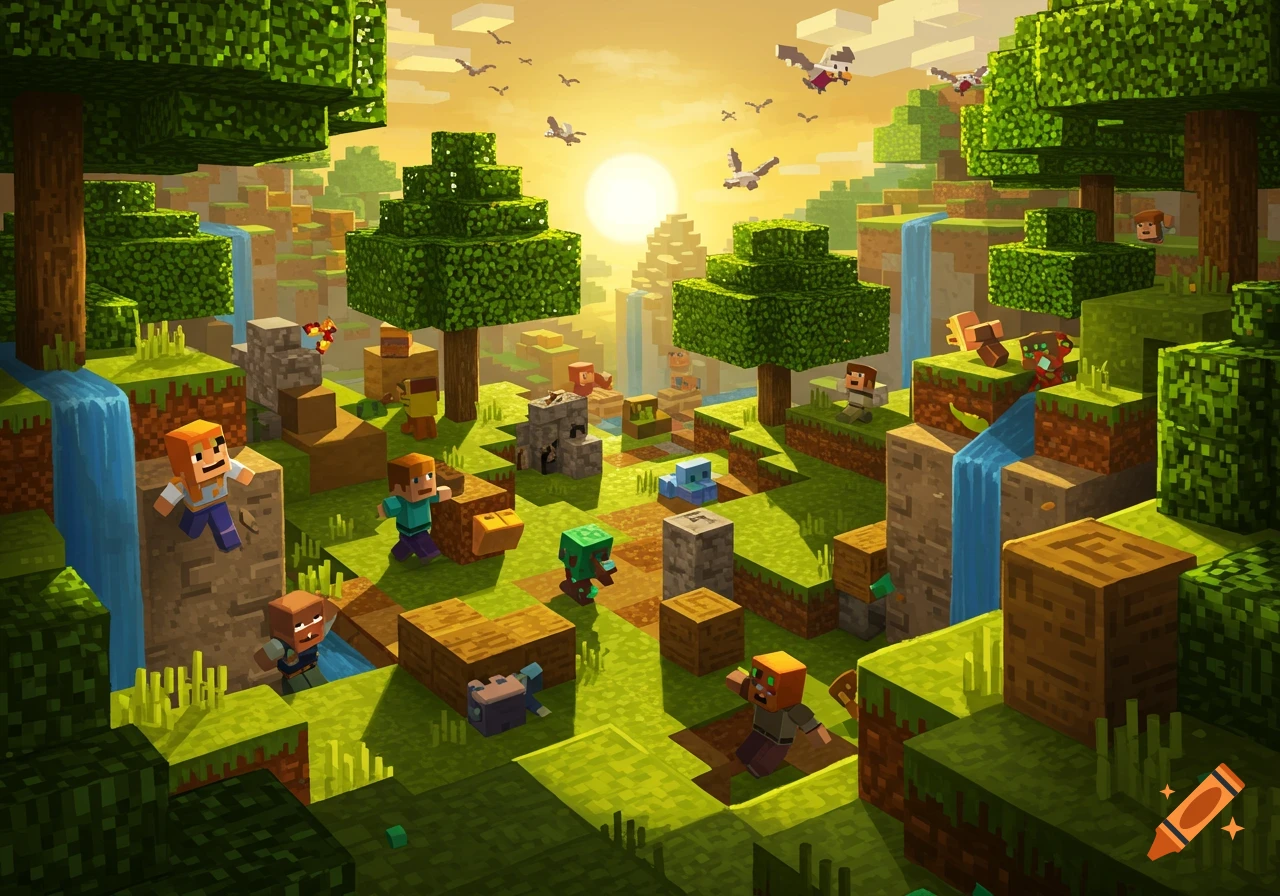 A vibrant Minecraft-style landscape with blocky characters, trees ...