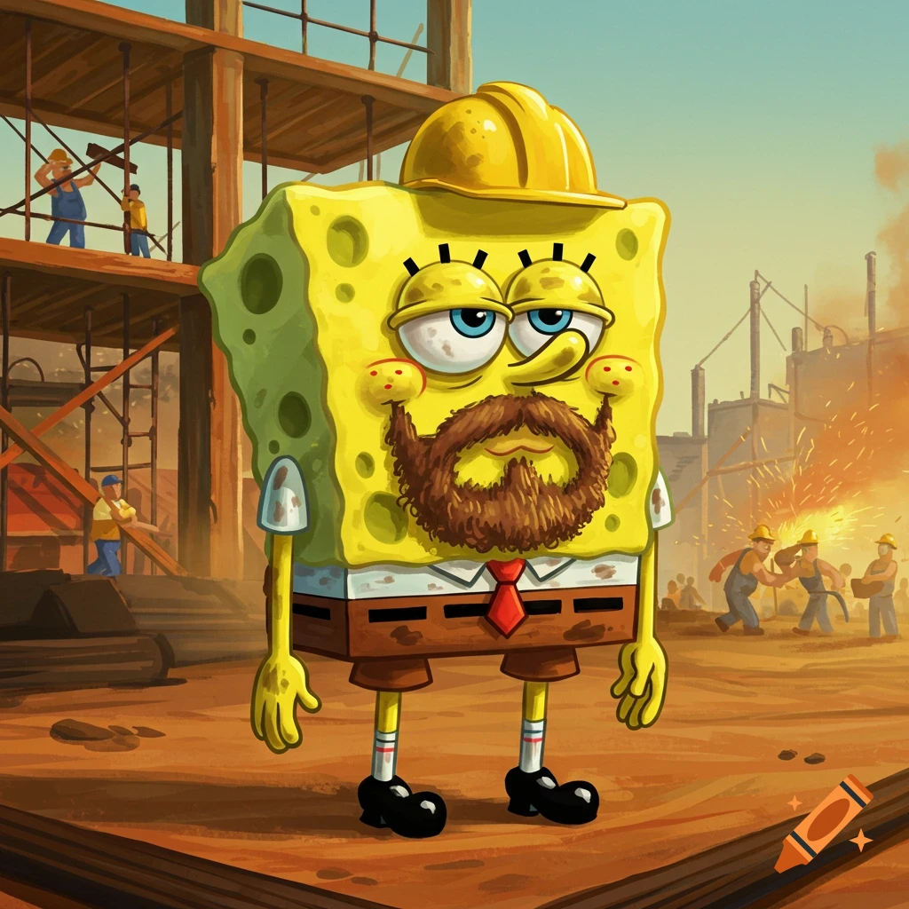 Spongebob SquarePants wearing a yellow hard hat and a brown beard ...