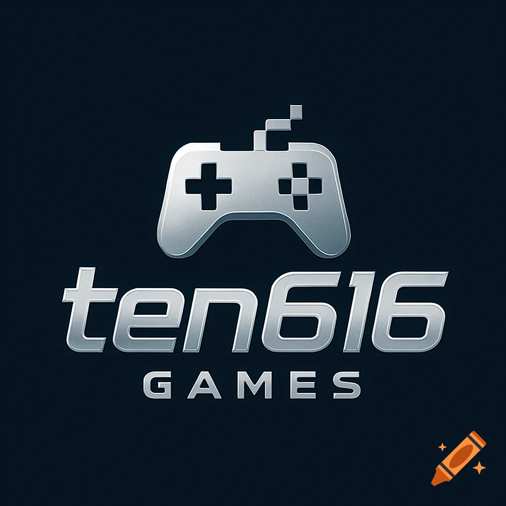 A silver metallic logo for 'ten616 GAMES' featuring a stylized game ...