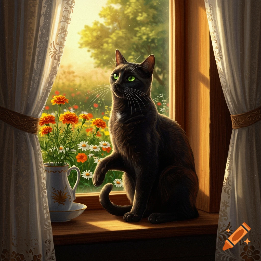 A fluffy black cat with green eyes sits on a windowsill adorned with ...