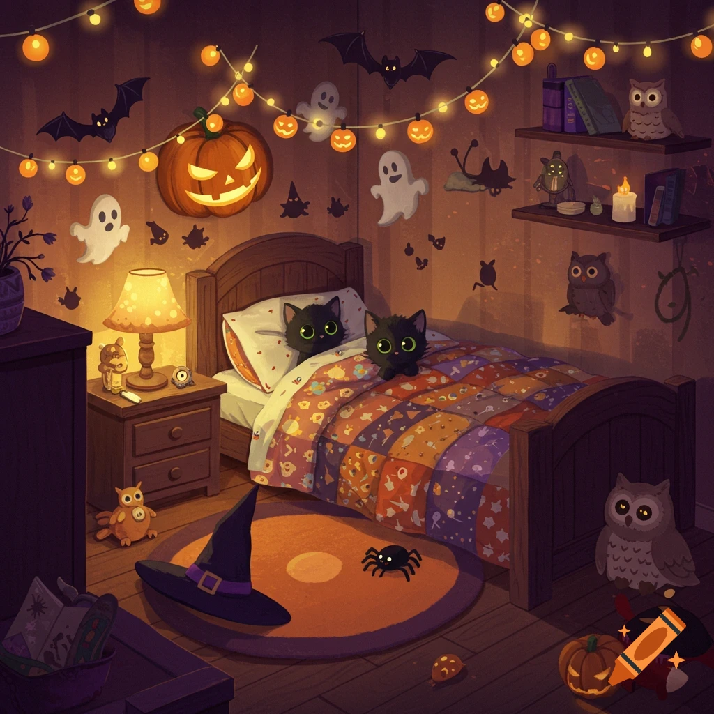 A whimsical purple cartoon crow wearing a party hat drives a decorated ...