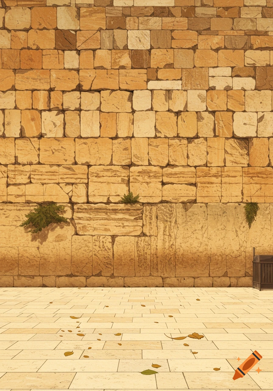 A tall, weathered light brown stone wall with small green plants grows ...