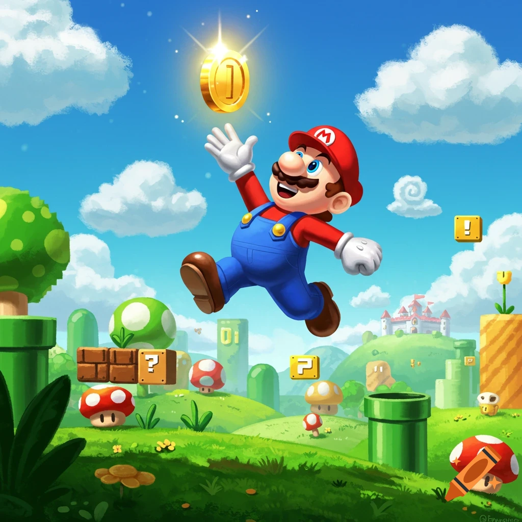 Mario jumps to collect a sparkling gold coin in a vibrant, cartoonish ...