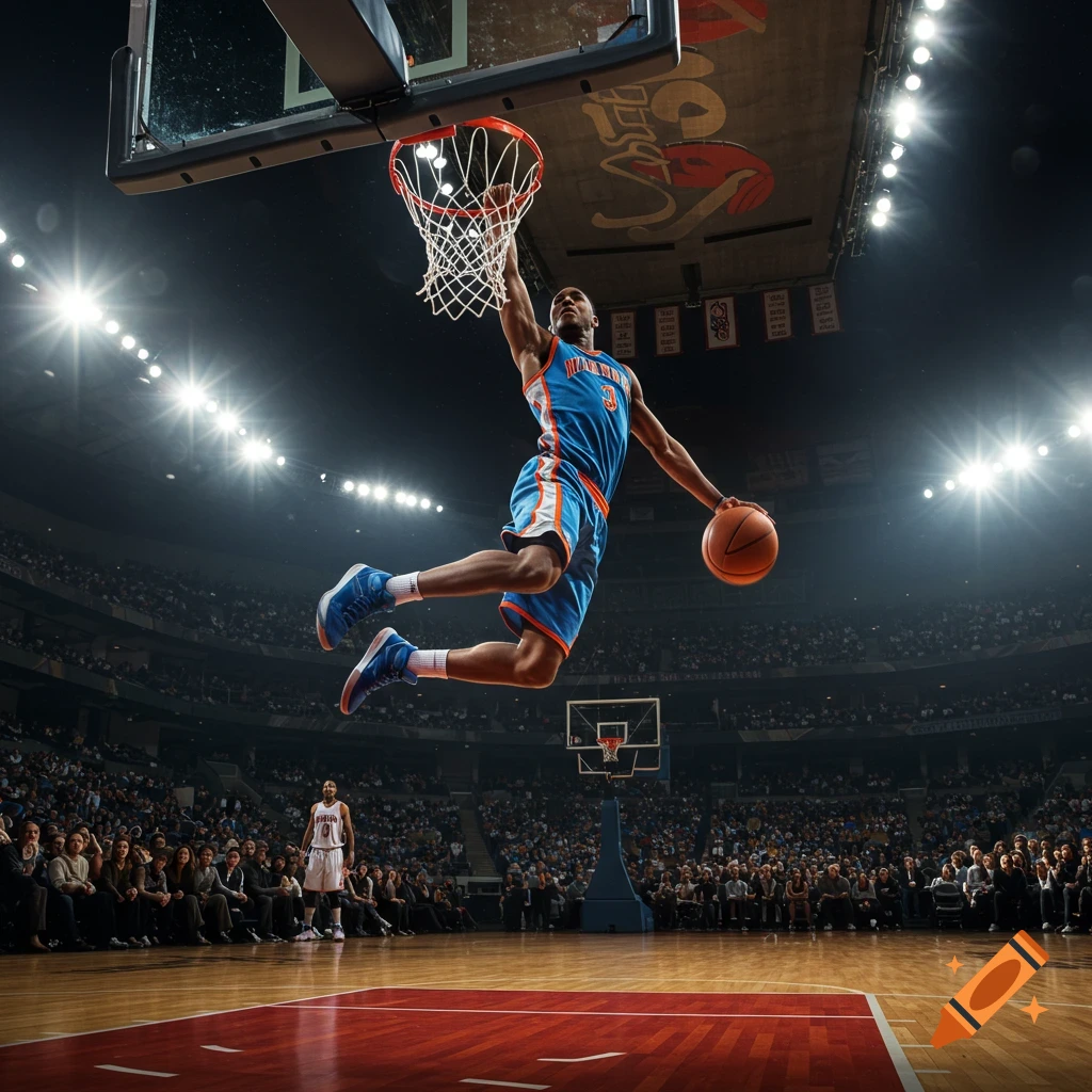 A photorealistic image of a male basketball player dunking in a packed ...