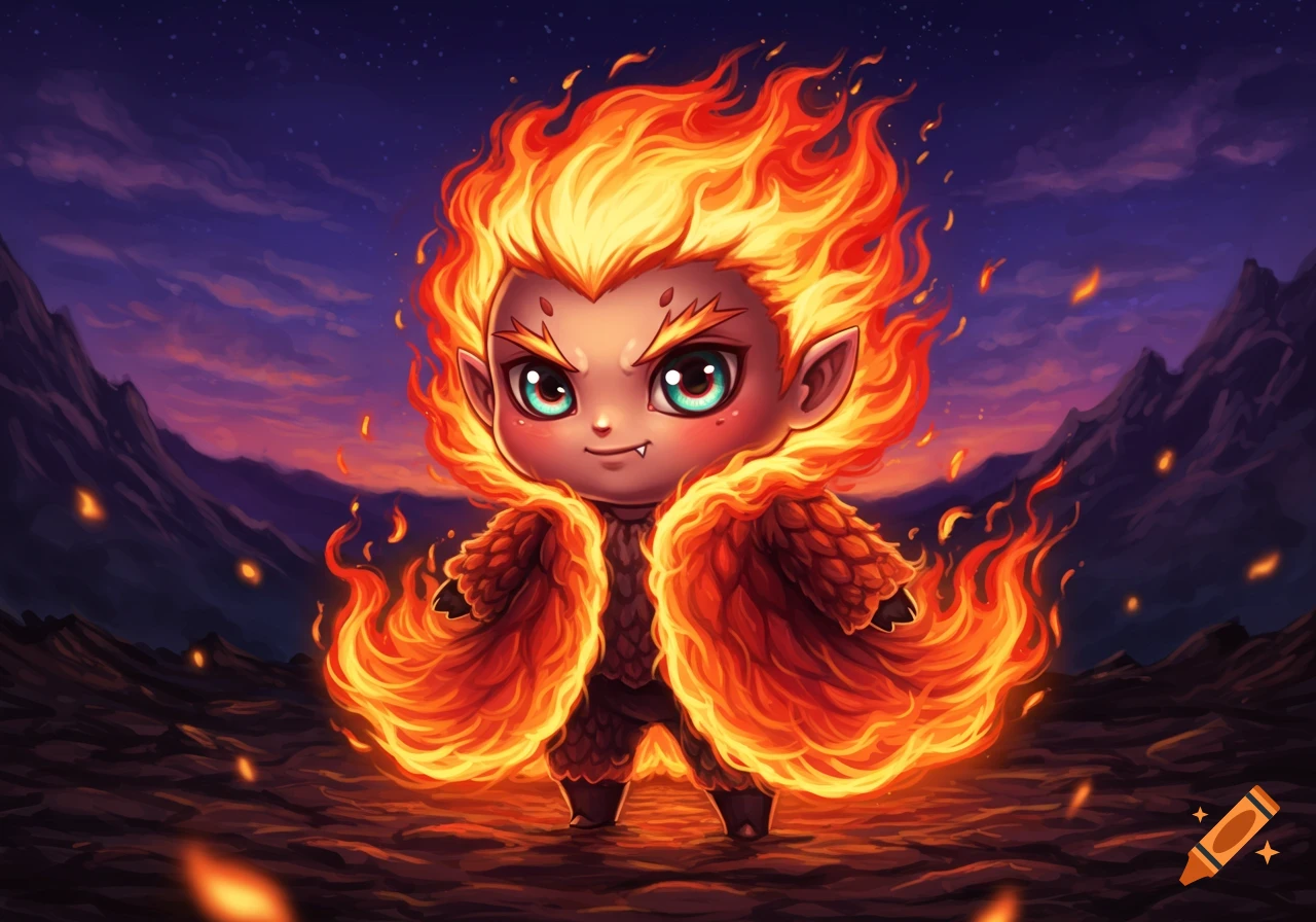 A cute chibi fire elemental with bright flame hair and a fiery coat ...