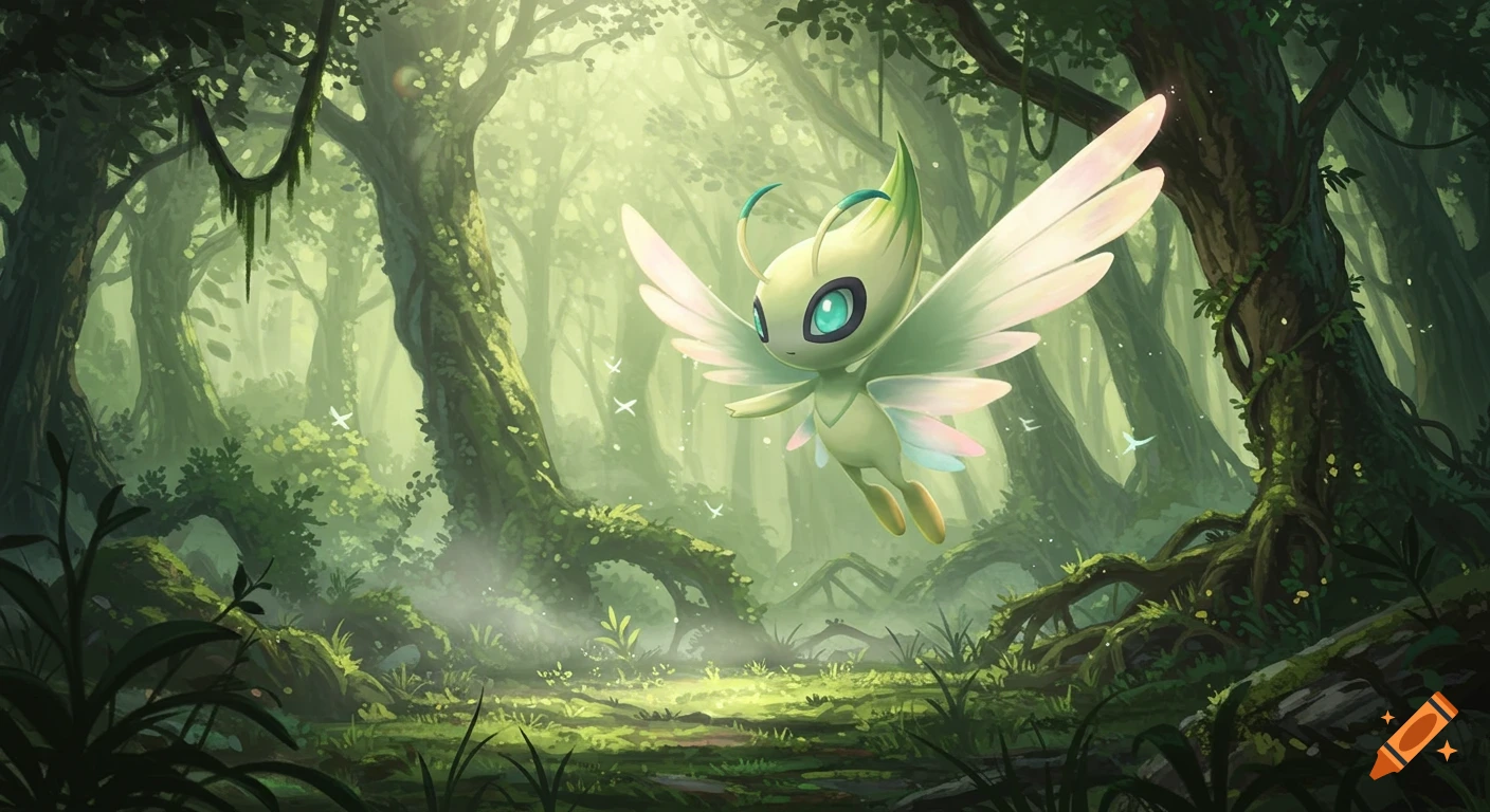 A small green fairy-like Pokemon, Celebi, with large wings, floats in a ...