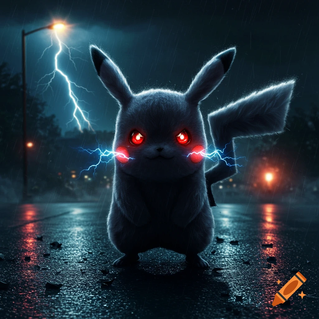 Dark, evil Pikachu with glowing red eyes and sharp teeth stands on a ...