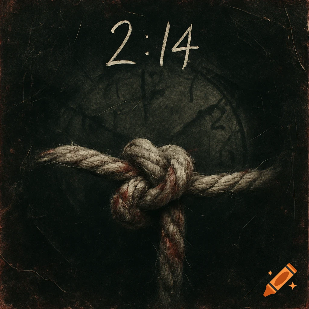 Dark, grungy image of a blood-stained knotted rope with '2:14' above a ...