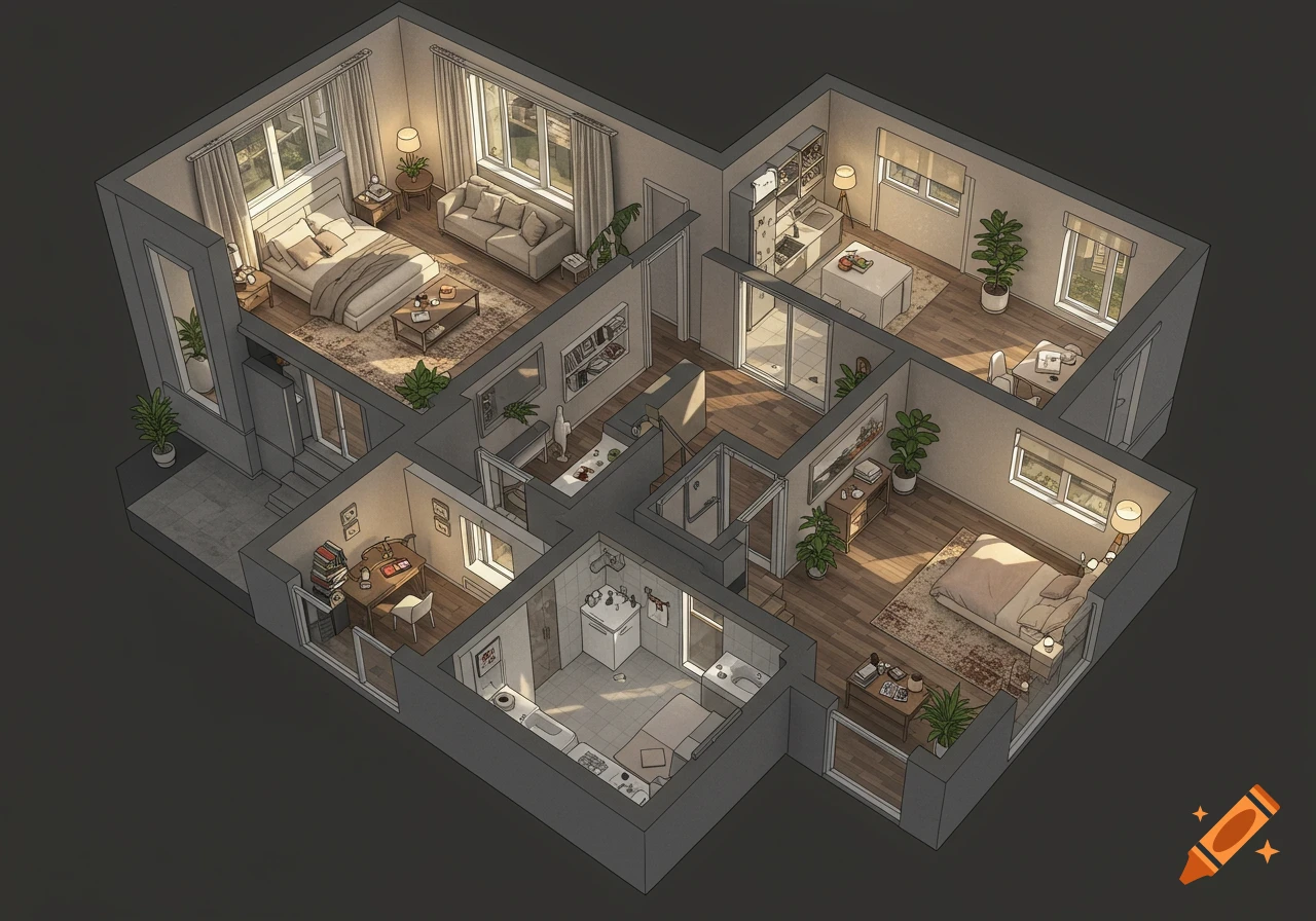Side view technical drawing of an attic apartment layout, featuring a ...