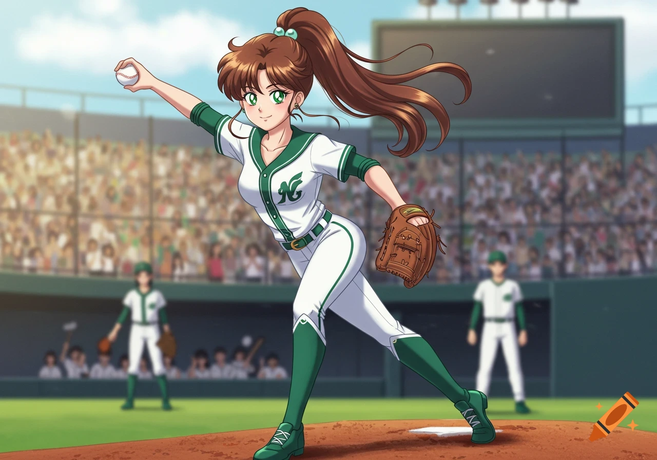 Anime character Sailor Jupiter in a baseball uniform throwing a ...