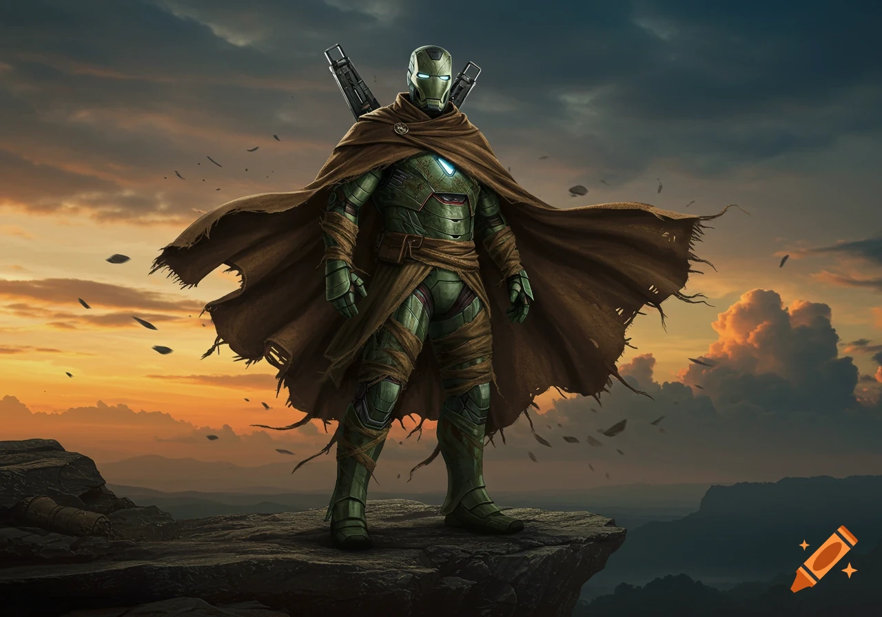 Iron Man in a muted green suit and tattered brown cloak stands ...