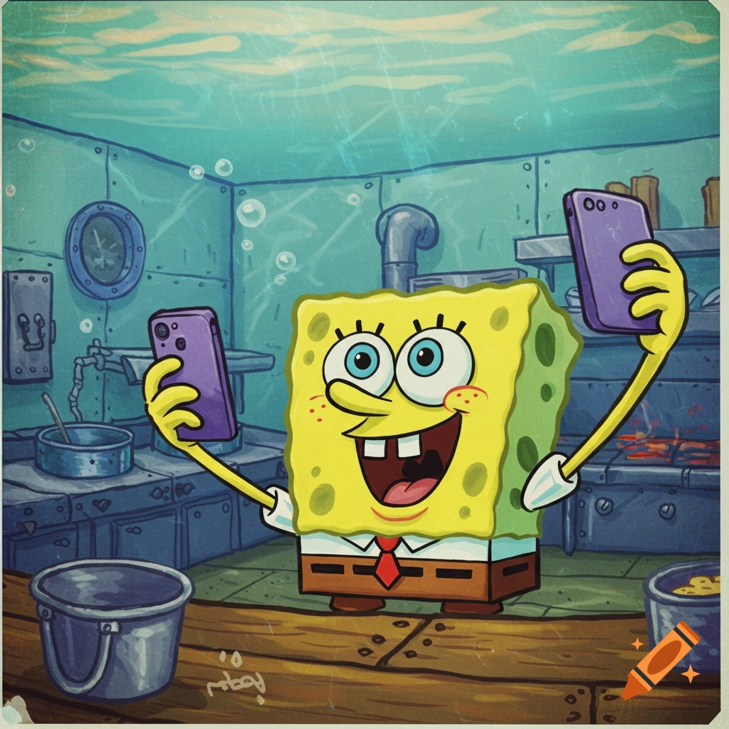 Spongebob Squarepants happily holds two purple smartphones in an ...