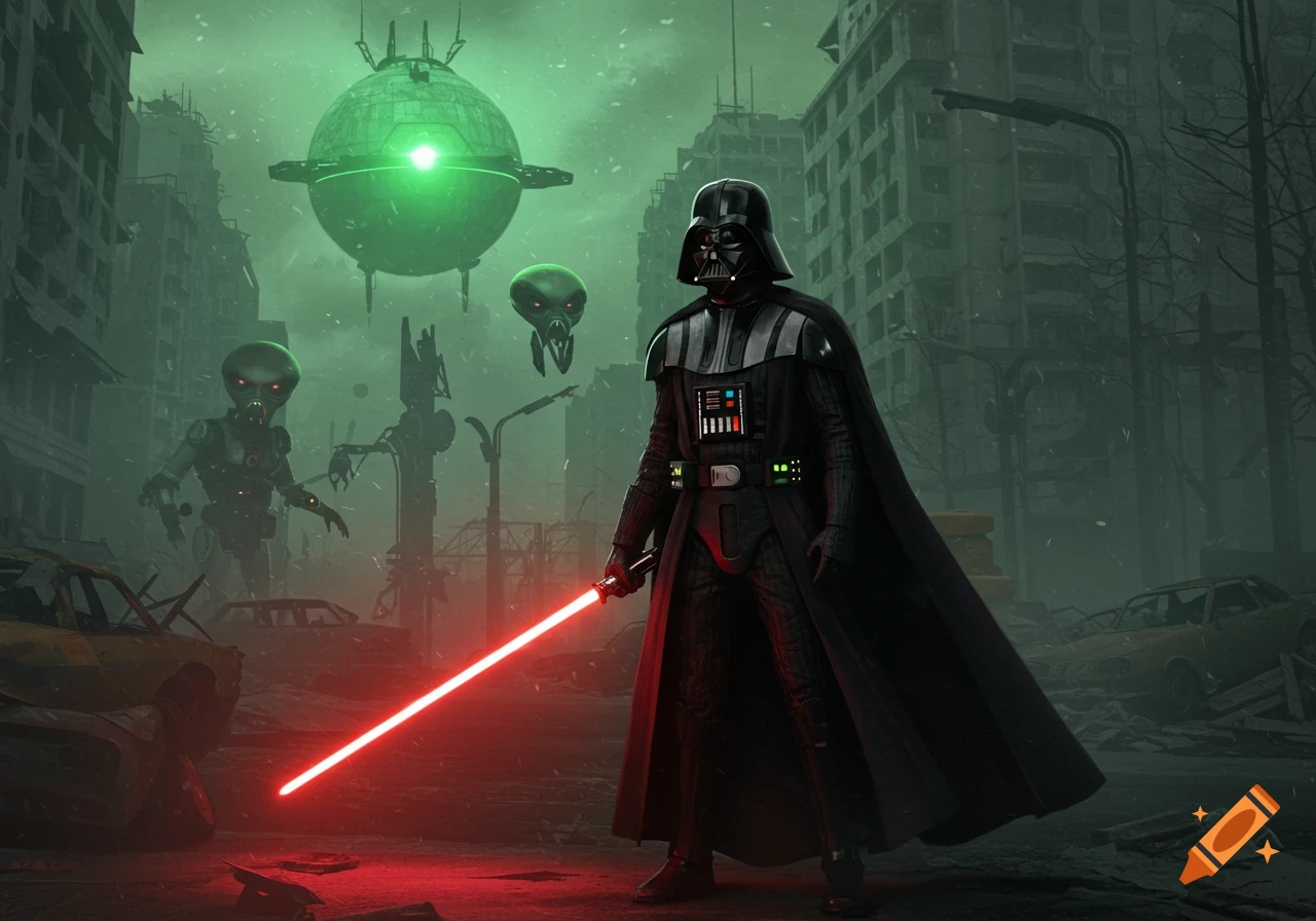 A vibrant Star Wars illustration featuring Darth Vader, Luke Skywalker ...