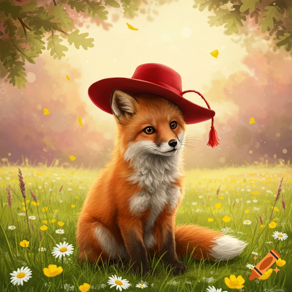 A cute illustrated fox wearing a red hat sits in a sunny field of ...