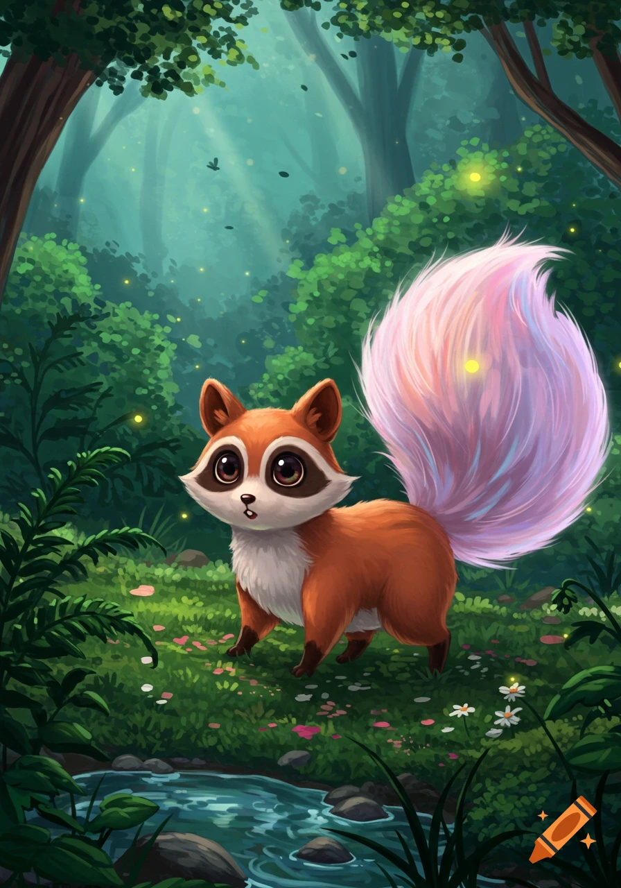 A cute, cartoon fox-like creature with a fluffy pink tail stands in a ...