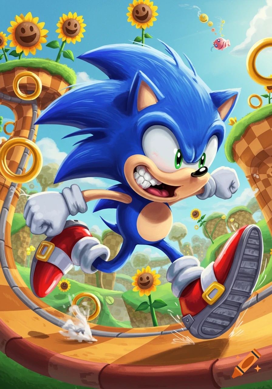 Sonic the Hedgehog speeds through a vibrant Green Hill Zone-like ...